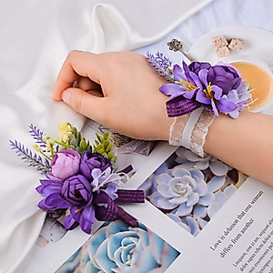 URROMA Wrist Corsage and Boutonniere Set, 1 Set Small Rose Purple Hand Flower for Prom Artificial Wedding Wrist Corsage for Wedding Party Prom