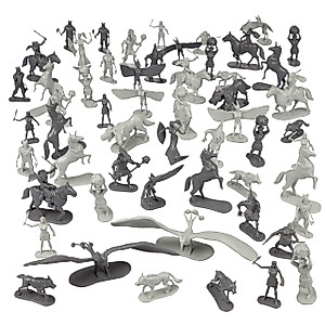 Fantasy Creatures Mini Action Figure Playset- 56pc Toy Monster Miniatures w 12 Difft Sculpts- Large Direwolfs, Cyclops, Winged Dragon Phoenixes & More- 1/32nd Scale Dungeon Paintable Xmas