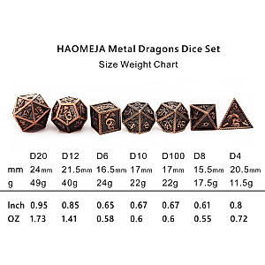 MJDICEOK Metal Dice Dragon Set 7 DND Role Playing Dice D&D Solid Dice Ancient Red Copper
