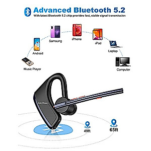 Link Dream Bluetooth Earpiece for Cell Phone Hands Free Noise Cancelling Bluetooth Earpiece Headset Wireless 24 Hrs Talking 1440 Hrs Standby time for iPhone Android Trucker Driver