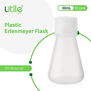 Utile Plastic Erlenmeyer Flask Set with Screw Caps, 12pcs of Vol.25ml Scientific Conical Flask Laboratory Flask, with Molded Graduations, 4023.0630.12
