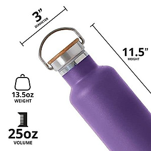 Elemental Classic Insulated Water Bottle, Leak Proof Thermos Water Bottle with Bamboo Lid and Metal Ring, Reusable Insulated Stainless Steel Water Bottle, 25oz - Purple