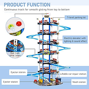 Qaba 7-Level Car Parking Garage Toy Dual Race Tracks Car Ramp Set Toddler Car Games 102 PCS w/Electric Elevator Wash, Gas, Ejector & Car Repair Station Metal Cars for 3-6 Years Old