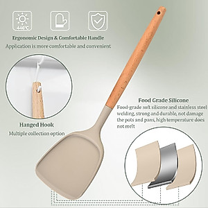 Kitchen Utensils Set, 10 PCS Non-Stick Stainless Steel Knives Set and Silicone Cooking Utensils Spatula Set with Holder, Wooden Ergonomic Handle Home Kitchenware Accessories Cookware Set (Khaki)