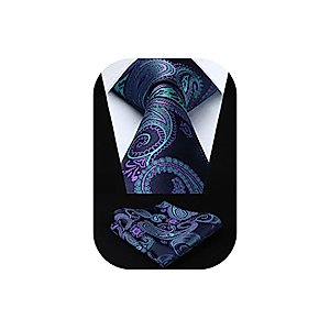 HISDERN Ties for Men Purple Paisley Mens Tie and Pocket Square Blue Woven Classic Business Mens Necktie Handkerchief for Wedding Party