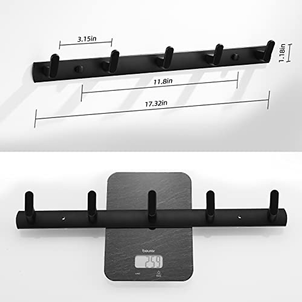 Fecraf Wall Mounted Coat Rack, Black Wall Mount Coat Rack, Modern Coat Hooks Wall Mounted for Bags, Towels, Wall Hook Rack for Entryway/Bathroom/Kitchen/ Closet, Solid Aluminum 5 Hooks Length -17.32in