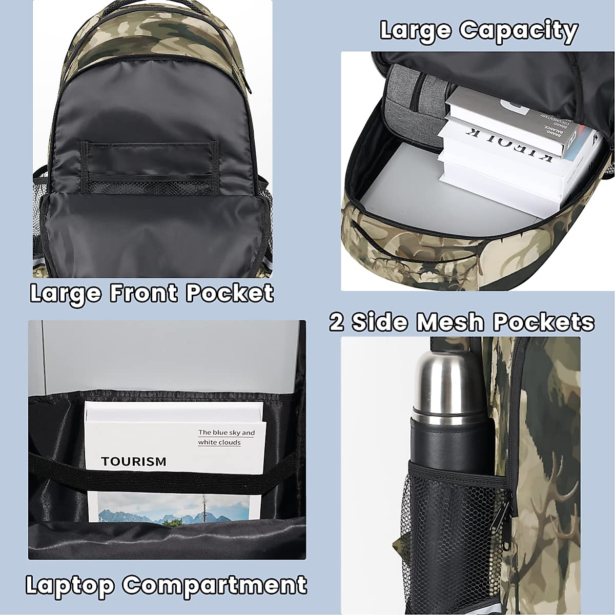 Funky Qiu Military Camo Camouflage Deer Backpack for Men Women Lightweight Laptop College School Bookbag Casual Daypack for Travel Hiking Camping with Reflective Strip