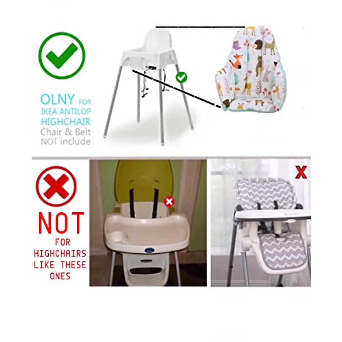Bebek Ozel High Chair Cushion for IKEA High Chair, One Piece IKEA High Chair Accessories, Cotton Antilop High Chair Accessories, Washable IKEA High Chair Cushion (nature green)