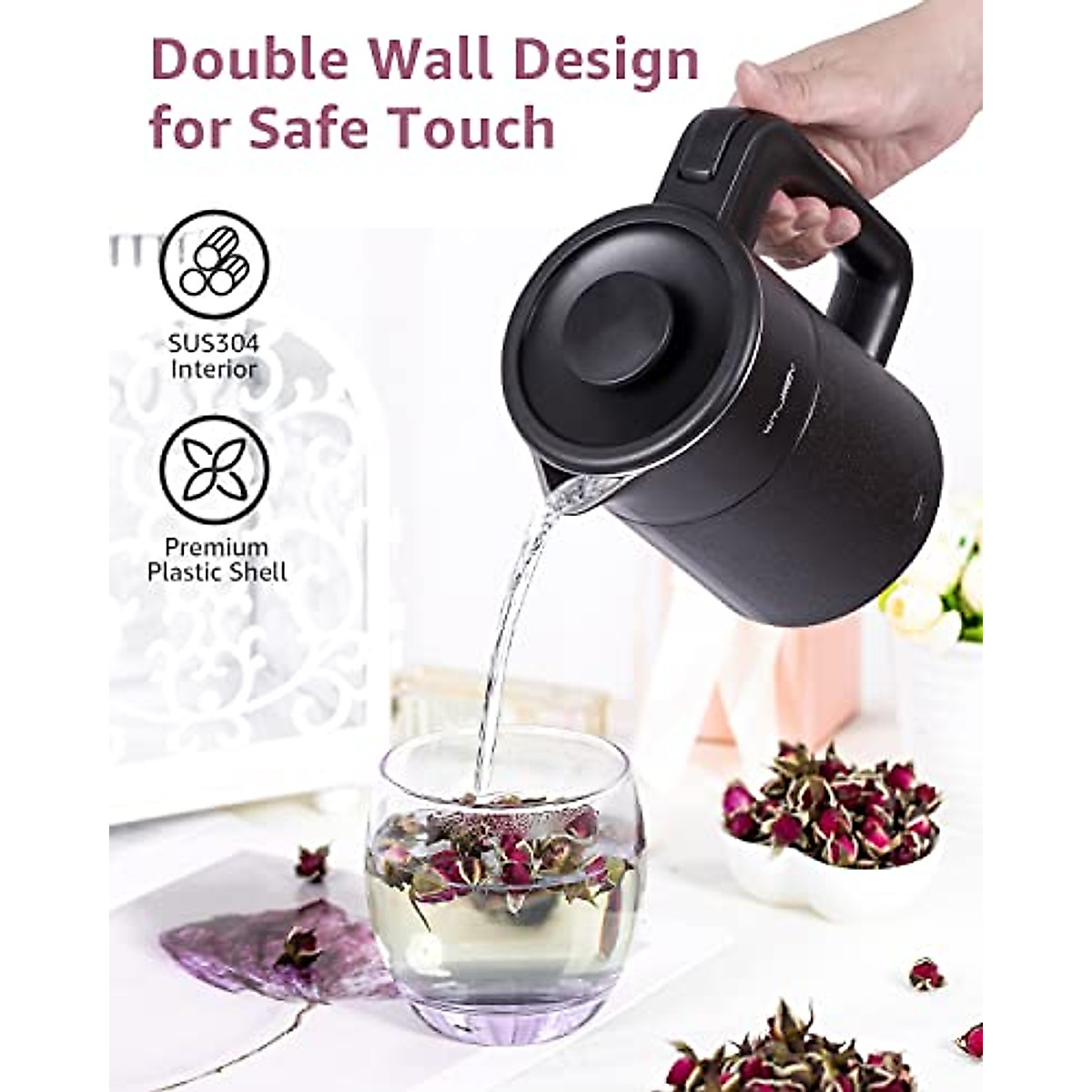 WTJMOV 0.6L Small Electric Tea Kettle Lightweight, Double Wall Hot Water Boiler Stainless Steel Auto Shut-off, 120V Portable Travel Electric Kettle Fast Boil for Tea and Coffee, Black