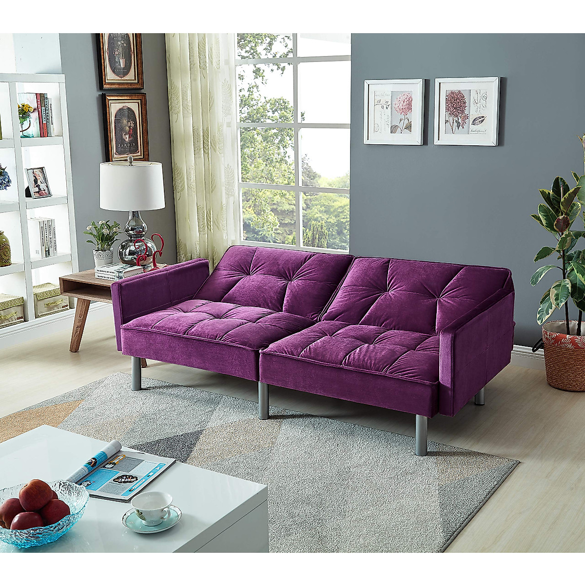 Legend Furniture Velvet Loveseat Futon Convertible Sofa Bed for Living Room and Couch for Bedroom Sofabed Sleeper, 75.5'', Purple
