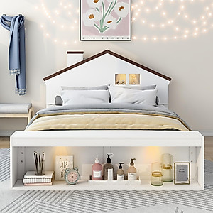 FIQHOME Full Size House Platform Bed,Wooden Kids Full Platform Bed Frame with LED Lights and Storage, Cute Single Full Led Bed for Girls Boys,No Box Spring Needed,White