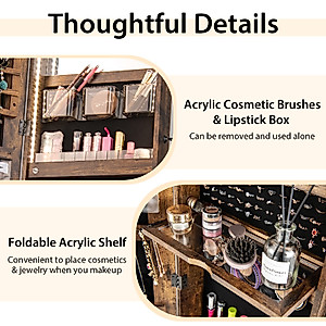 CHARMAID LED Strip Jewelry Armoire with Full Length Mirror, Lockable Jewelry Cabinet Organizer with 3-Color Lights, 3 Brush Boxes, 2 Drawers, Bottom Storage Shelf, Metal Frame (Rustic Brown)