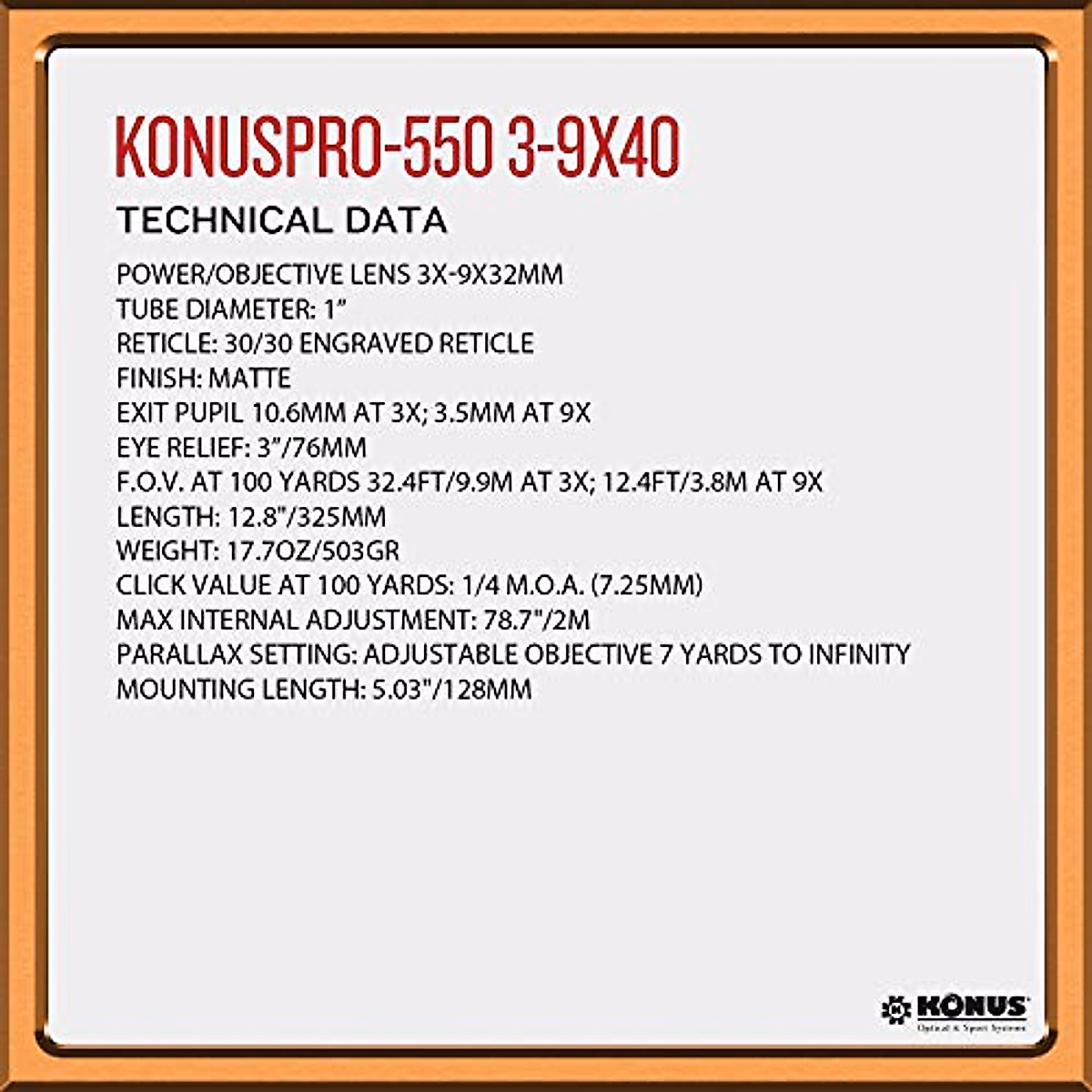 KONUS — KonusPro 7276 - 550 IR 3X-9X40 Riflescope w/ Engraved 550 Ballistic Reticle and Illuminated Center Dot
