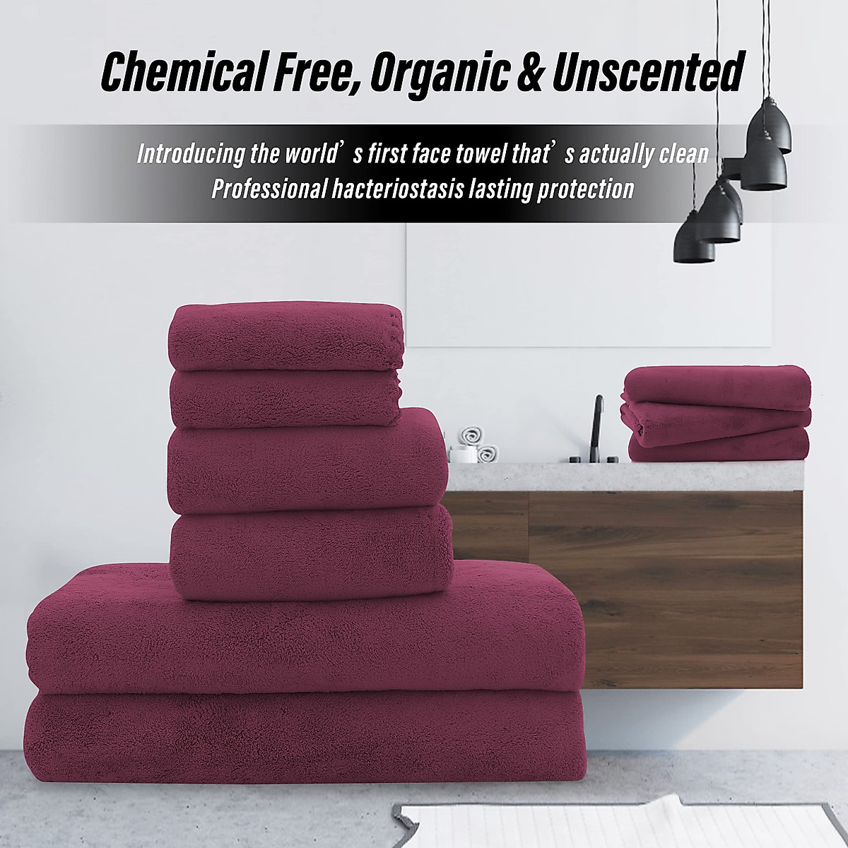 MOONQUEEN Ultra Soft Microfiber Coral Velvet Towel Set - Quick Drying, 2 Bath Towels, 2 Hand Towels, 2 Washcloths - Burgundy, 6 Pcs