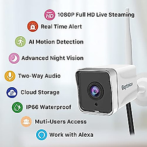 Septekon Security Camera Outdoor, 1080P WiFi Home Surveillance Camera, IP66 Waterproof FHD Night Vision Cameras with Motion Detection, 2-Way Audio, Cloud Storage, Work with Alexa - S50