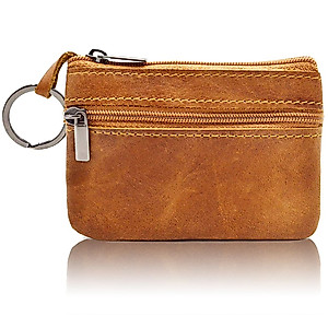 Women Genuine Leather Coin Pouch Zip Mini Purse Wallet Key Chain Double Zipper