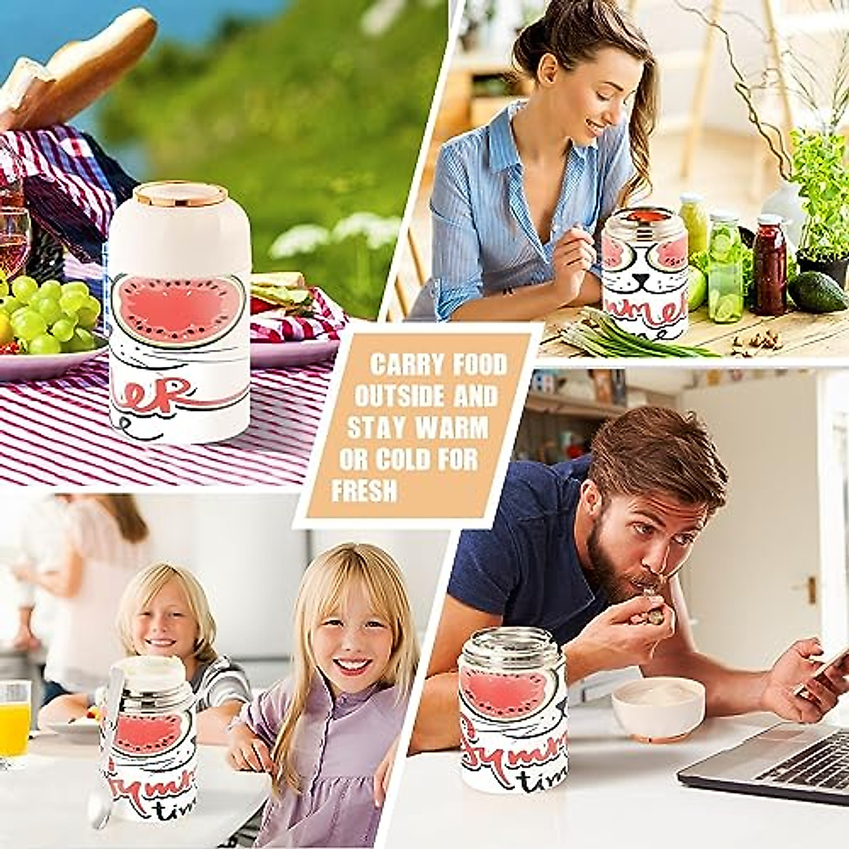 CUPADA Cat Watermelon Food Jar, Funny Summer Time Insulated Hot Food Jars Vacuum 17OZ with Folding Spoon for Work Trip Picnic Camping