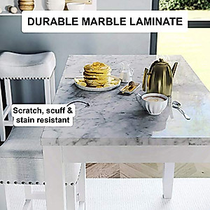 Nathan James Viktor 3 Piece Dining Set, Heigh Kitchen Counter Pub or Breakfast Table with Marble Top and Fabric Wood Base Seat, Light Gray/White