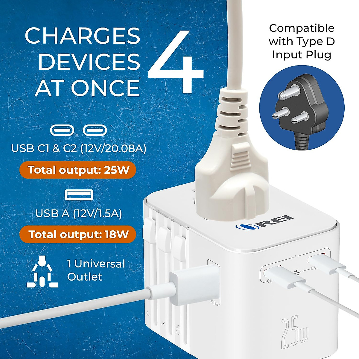 OREI 25Watt Universal Travel Adapter | 2 (USB C) 1 (USB A) 4-in-1 Universal Power Adapter | | Type C, A, G, I Compatible | Universal Chargers for All Devices compatible 150+ Countries