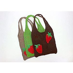Women Y2K Crochet Tote Bag Hobo Aesthetic Bag Trendy Strawberry Knitted Shoulder Bags Mesh Hollow Tote Bag (Apricot)