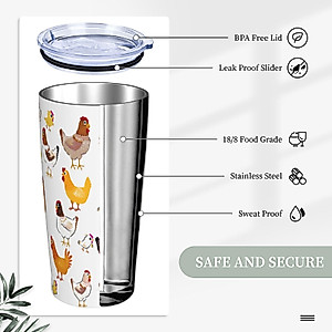 CHASOEA Chicken Tumbler 20oz Rooster Hen Stainless Steel Insulated Tumblers with Lid and Straw Animal Travel Coffee Mug Tea Wine Cups Water Bottle Chicken Gifts for Women Chicken Lovers, White yellow
