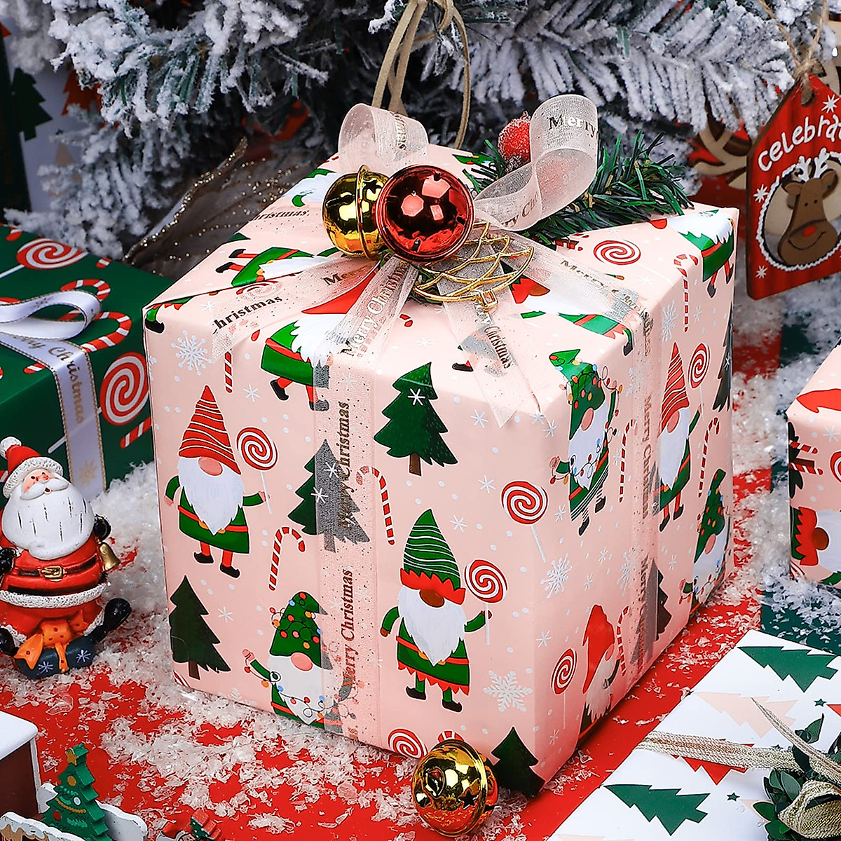 WRAPAHOLIC Reversible Christmas Wrapping Paper - Mini Roll - 17 Inch X 33 Feet - Red Green Gnome and Candy Canes, Pink and White Polka Dots Design for Holiday, Party, Celebration