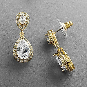 Mariell Gold Cubic Zirconia Crystal Teardrop Dangle Bridal and Wedding Earrings, CZ Jewelry for Brides, Bridesmaids, Homecoming, Prom and Dressy Everyday Wear