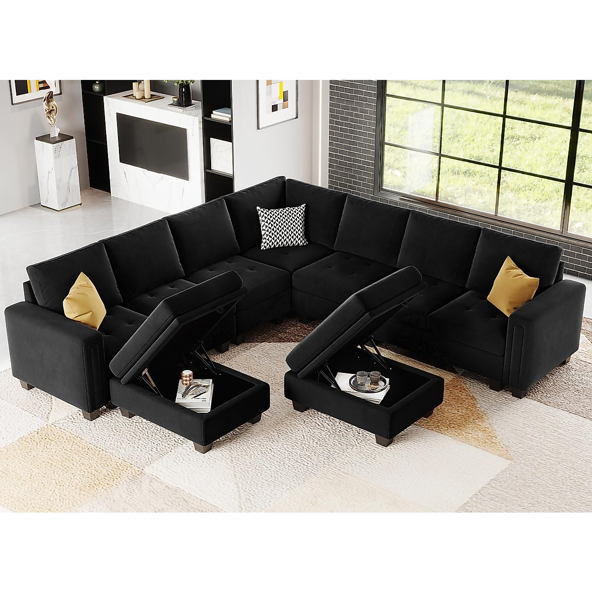 Belffin Oversized Velvet Modular 8-Seat Sectional Sofa Set with Storage Ottoman U Shaped Couch Set Modular Sectional Convertible Sofa Couch with Reversible Chaise Corner Sofa Couch Set Black