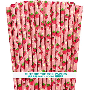 Strawberry Pattern Paper Straws - Valentine - Pink Red Green - 7.75 Inches - 100 Pack