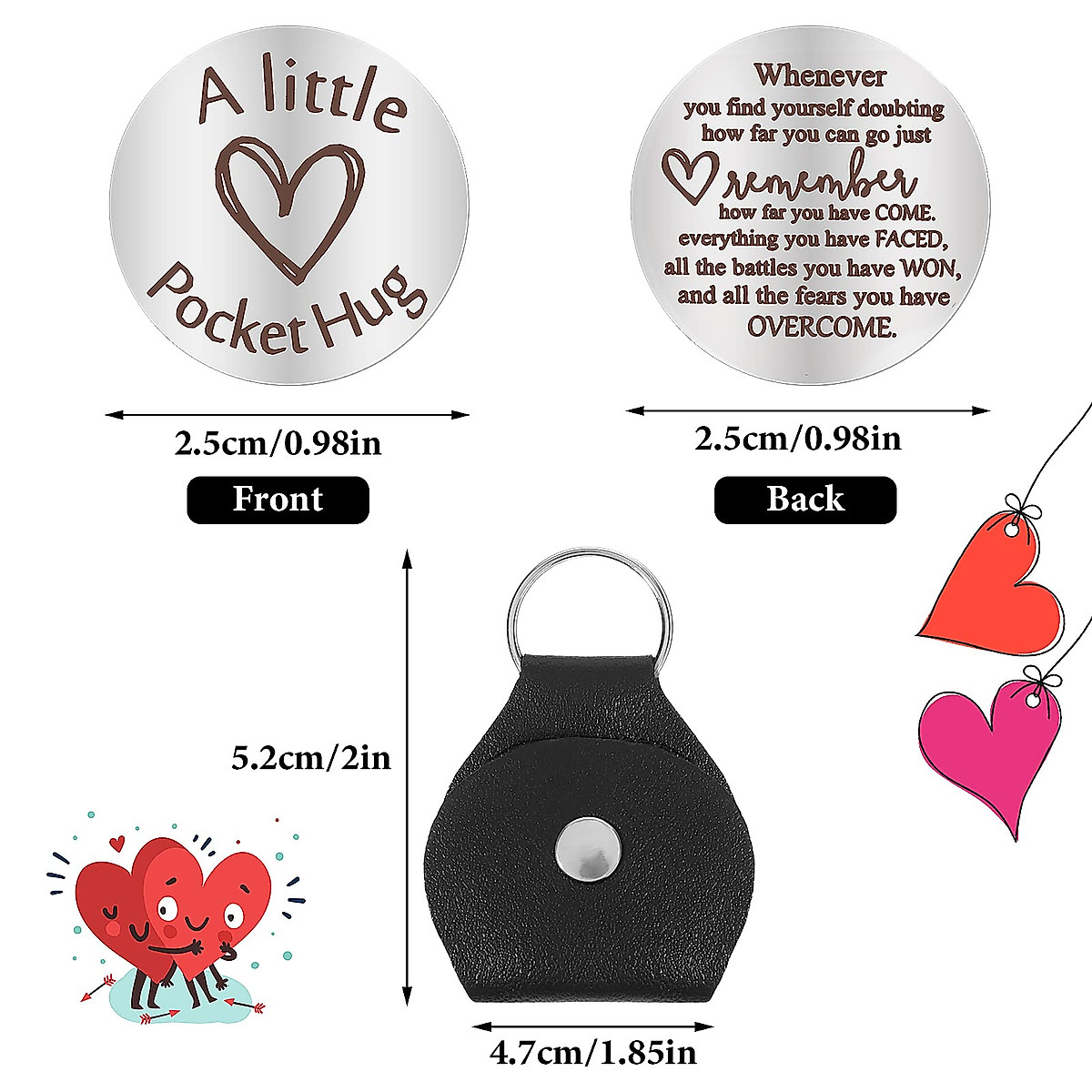 cobee Pocket Hug Token, Encouragement Long Distance Relationship Keepsake Stainless Stell Double Sided Inspirational Pocket Hug Token Gift with Leather Keychains for Family, Friends, Lovers(Style-A)