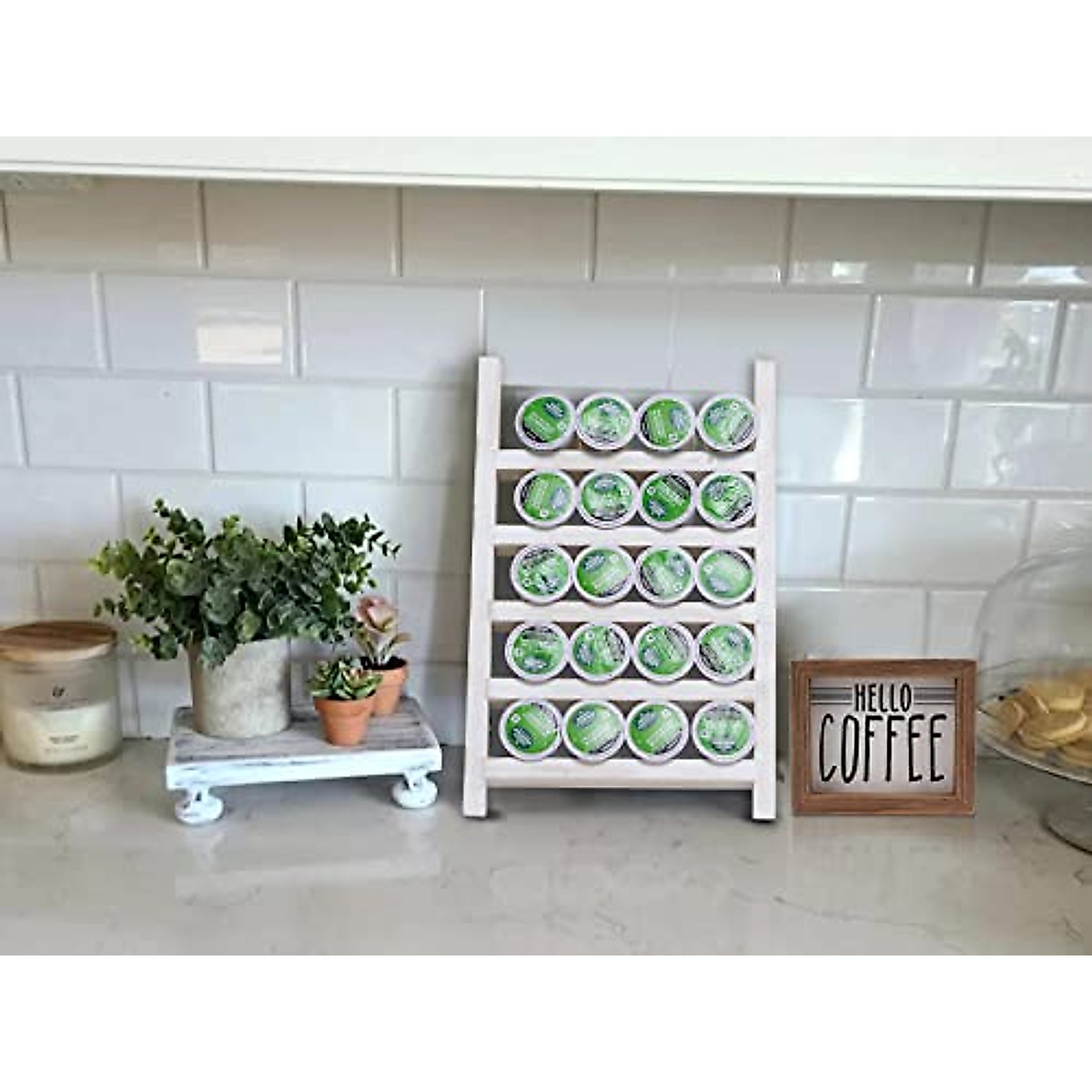 GENMOUS Farmhouse K Cups Ladder Coffee Pod Holder For Countertop, Rustic Wood Keurig Pod Holder K cup Organizer For Home Kitchen Storage, Coffee Station Organizer For Coffee Bar Accessories White