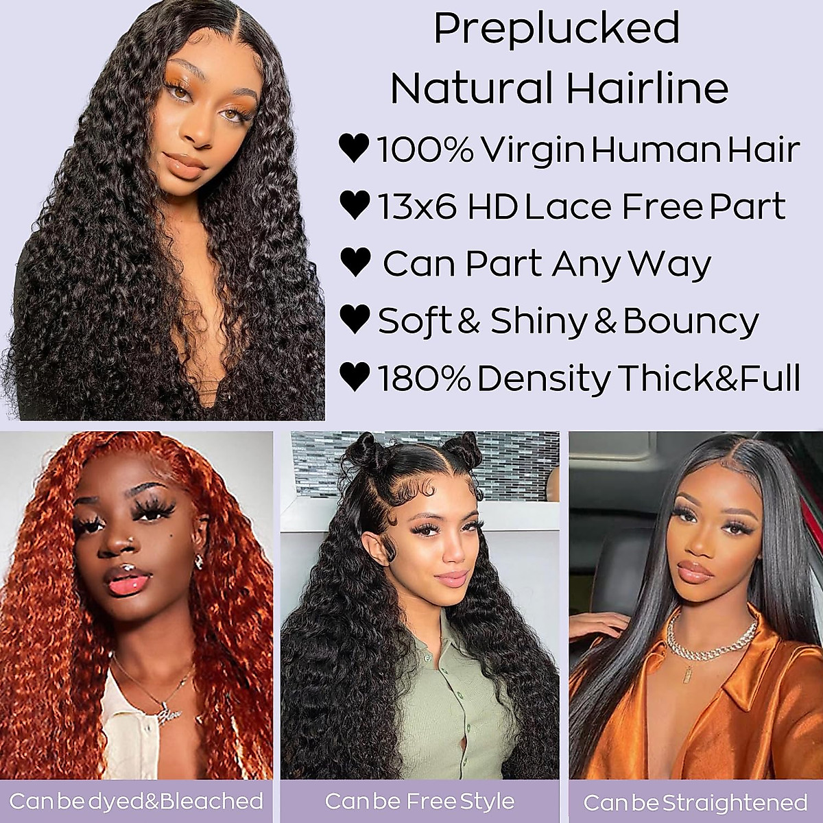 Poghes 13x6 Water Wave Lace Front Wigs Human Hair 180% Density HD Lace Front Wigs Human Hair Pre Plucked Wigs For Black Women Curly Wig Human Hair Human Hair Lace Front Wigs with Baby Hair (24 Inch)