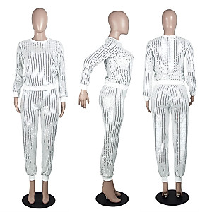 WOKANSE Women's Sequin Glitter Long Sleeve Sweatshirts and Skinny Long Pants Two Piece Outfits White M