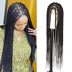 Lexqui 36'' Box Braided Wigs for Women Braided Lace Wigs Triangle Knotless Lace Front Braided Wig Human Hair Blended Full Double Lace Braided wig with Baby Hair Braid Lace Front Wig