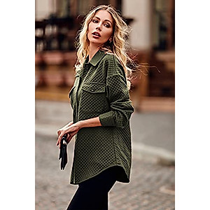 PRETTYGARDEN Women's 2023 Winter Quilted Jackets Lapel Coat Outerwear Casual Long Sleeve Button Down Blouse Shirts Tops (Army Green,Medium)