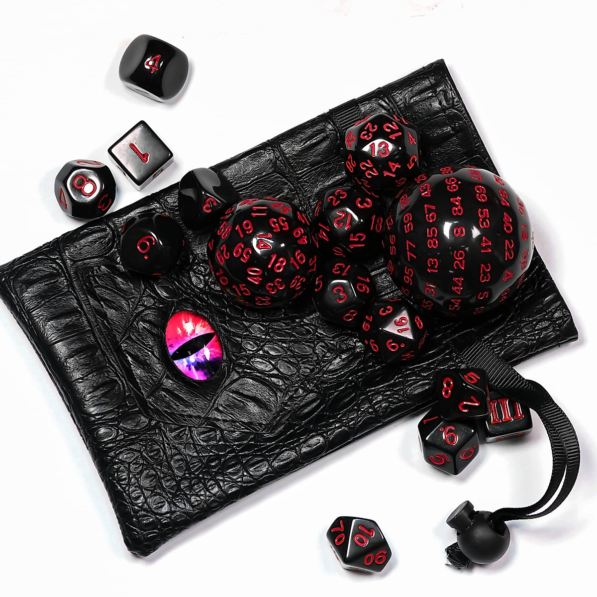 Poludie 15 Pieces Complete Polyhedral DND Dice Set D3-D100 Spherical D&D Dice Set with Dragon Eye Dice Bag, D100 Dice for Dungeons and Dragons, RPG, MTG Table Games(Black w/Red Numbers)