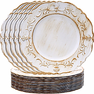 Nuanchu 18 Pcs Antique White Charger Plates 13 Inch Round Plastic Charger Vintage Embossed Pattern Decorative Plate Chargers Table Chargers Serving Tray for Dinner, Party, Wedding, Christmas