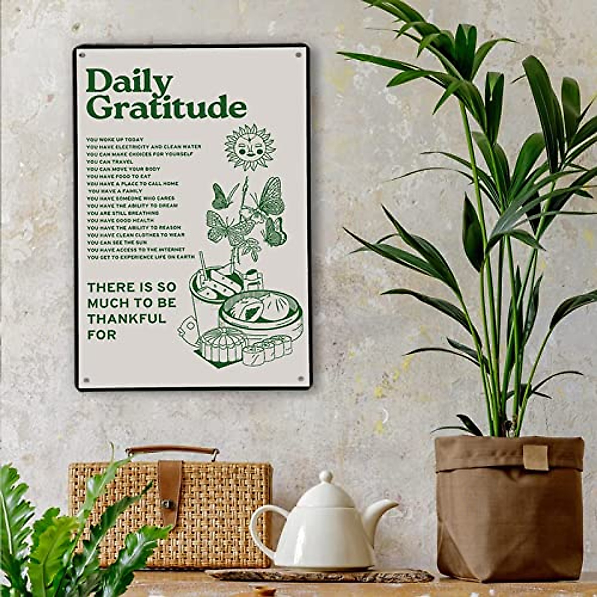 Room Decor Aesthetic Wall Decor Daily Gratitude Inspirational Metal Tin Sign, Green Boho Home Coffee Room Wall Office Decor 8X12Inch