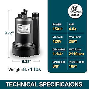 WASSERMANN 1/3HP Utility Pump 2100GPH Thermoplastic Sump Pump Submersible Water Pump with 10ft Cord, Electric Portable Water Pump for Swimming Pool Hot Tubs Garden Pond Draining Basement
