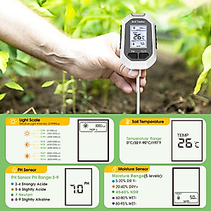 4-in-1 Soil Moisture Meter Digital Plant Temperature/Soil Moisture/PH Meter/Sunlight Intensity Backlight LCD Display Soil Test Meter for Gardening, Farming and Outdoor Plants