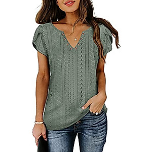 Womens Summer Tops Casual Country V Neck Tee Shirts Petal Sleeve Fashion Loose Blouse B-Green