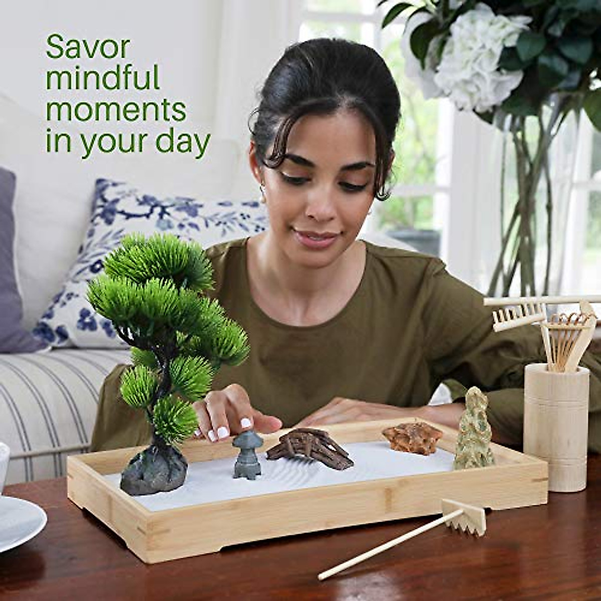 ENSO - Japanese Zen Garden for Desk - Extra Large 16" x 8" Desktop Mini Zen Garden with White Sand, Artificial Bonsai Tree, Rocks, Rakes & Accessories - Zen Gifts Sand Garden Kit for Office Decor