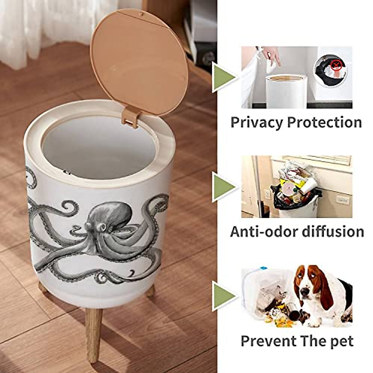 IBPNKFAZ89 Small Trash Can with Lid Octopus Hand Drawing Vintage Engraving on White backgroud Garbage Bin Wood Waste Bin Press Cover Round Wastebasket for Bathroom Bedroom Office Kitchen