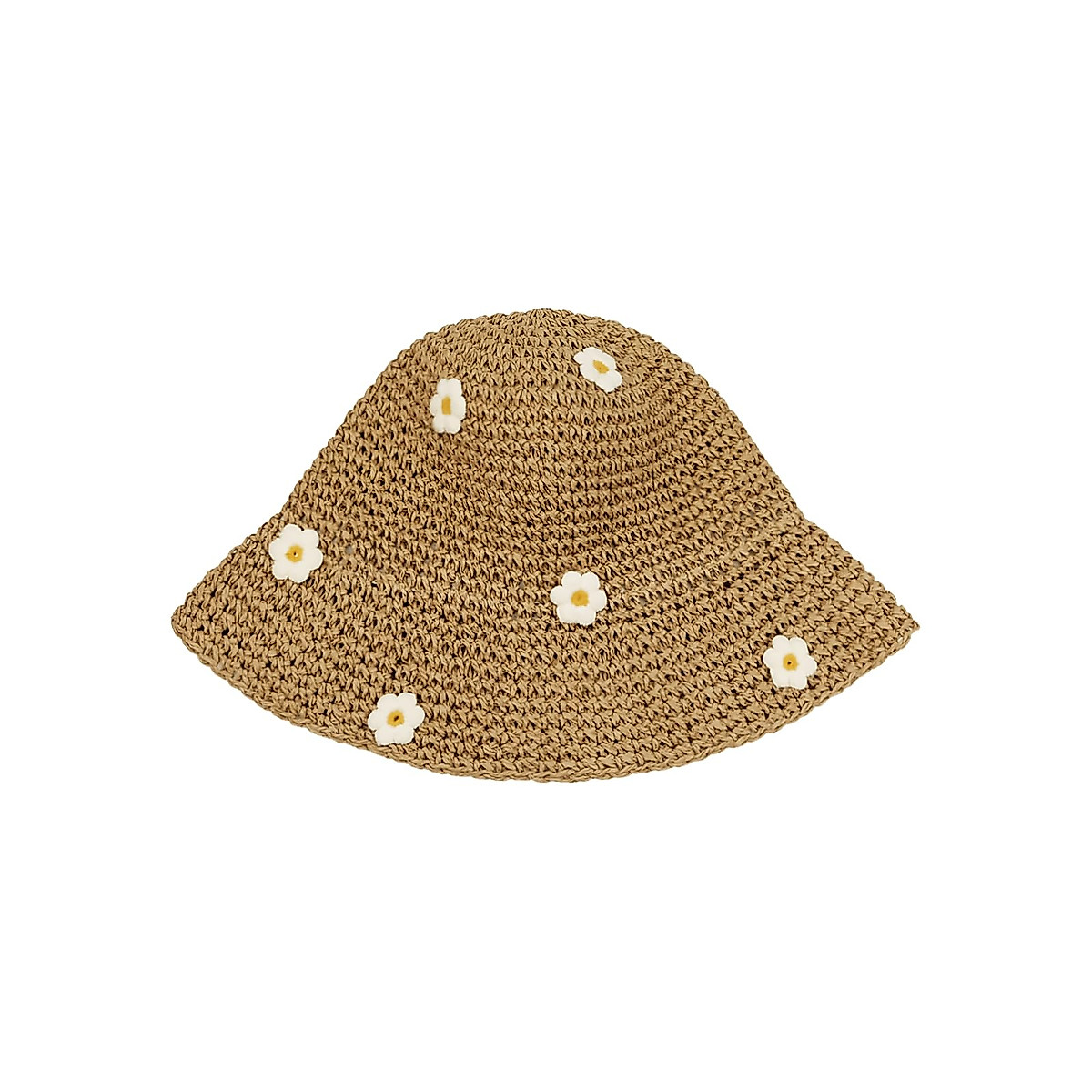 Women Straw Sun Hat Foldable Beach Hat Wide Brim Floppy Bucket Hat with Small Flower (Khaki-White Flower)