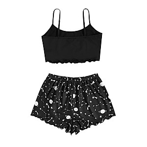 SOLY HUX Women's Cartoon Print Lettuce Trim Cami Top and Shorts Cute Pajama Set Sleepwear Black Star Moon L