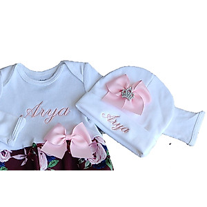 Theposhlayette Newborn Baby Girl Coming Home Outfit Personalized Floral Layette Gown with Beanie Baby Girl Shower Gifts (0 to 3 months)