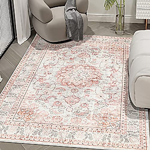 Auruge Area Rug - 8x10 Indoor Vintage Rugs Soft Fuzzy Shaggy Carpet Distressed Pink Accent Rug Non-Slip Non Shedding & Machine Washable Rug for Dining Room Living Room Bedroom Office