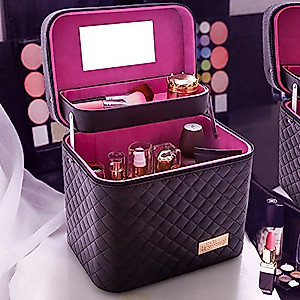 Sooyee Makeup Bag,Makeup Organizer with Mirror,Cosmetic Travel Bag with Fold Tray, Cosmetic Bags for Women Designed To Fit All Cosmetics Professional Makeup Case,Black