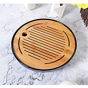 Hinomaru Collection Oriental Kung Fu Table Service Round Serving Tea Tray Bamboo Drip Pan Melamine Base Reservoir Tea Ceremony Accessories (Black)