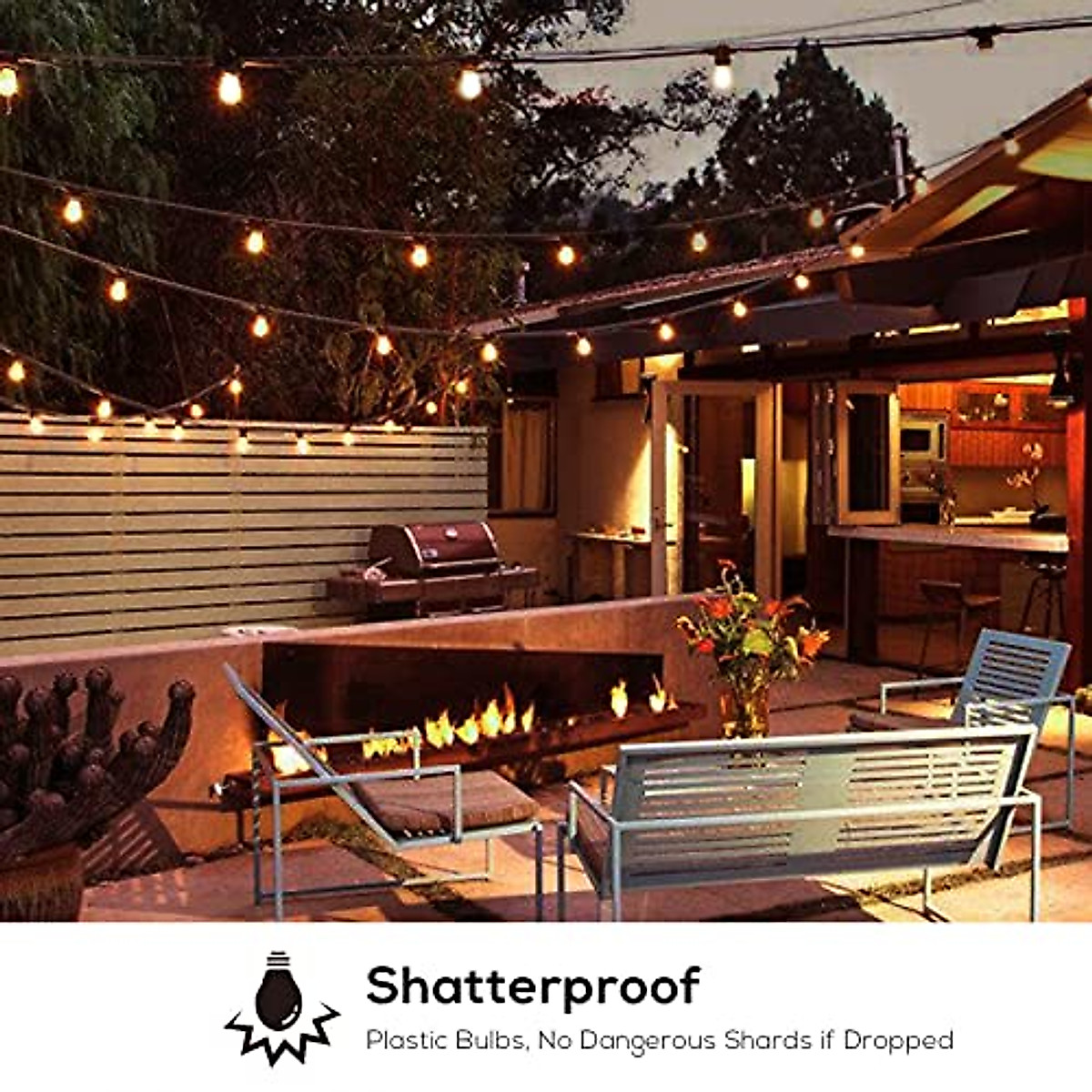 Banord Outdoor String Lights, 51FT Patio Lights with Bright 2W Shatterproof LED Dimmable Plastic Bulbs Waterproof Outdoor Hanging Lights String for Backyard, Porch, Garden, Deck, Camping, Cafe, Party